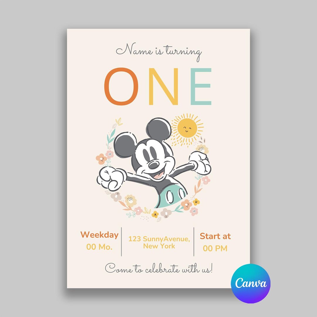 Mickey Mouse Birthday Invitation Template: Editable Digital Card (5x7 ...