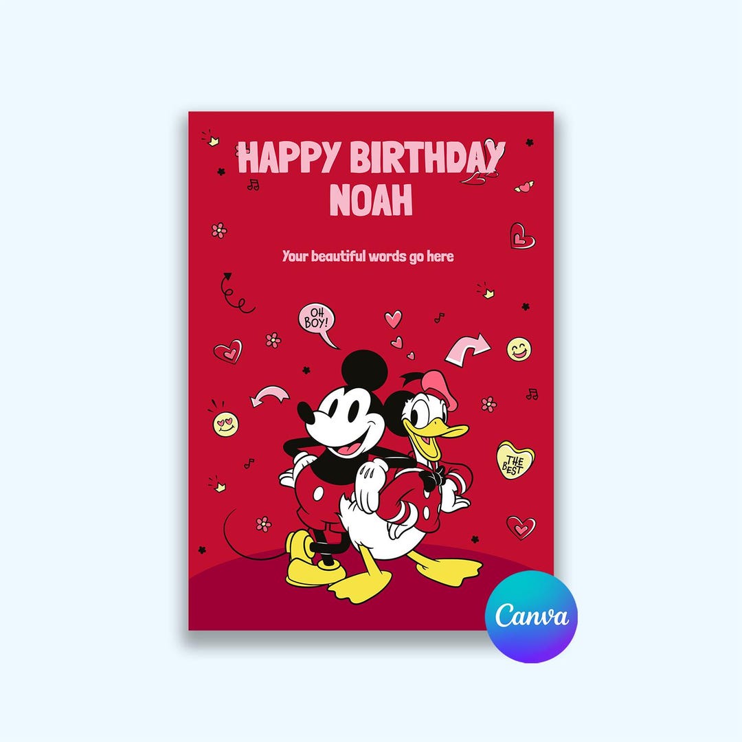 Mickey Mouse Birthday Card Template Digital Card Birthday Editable ...