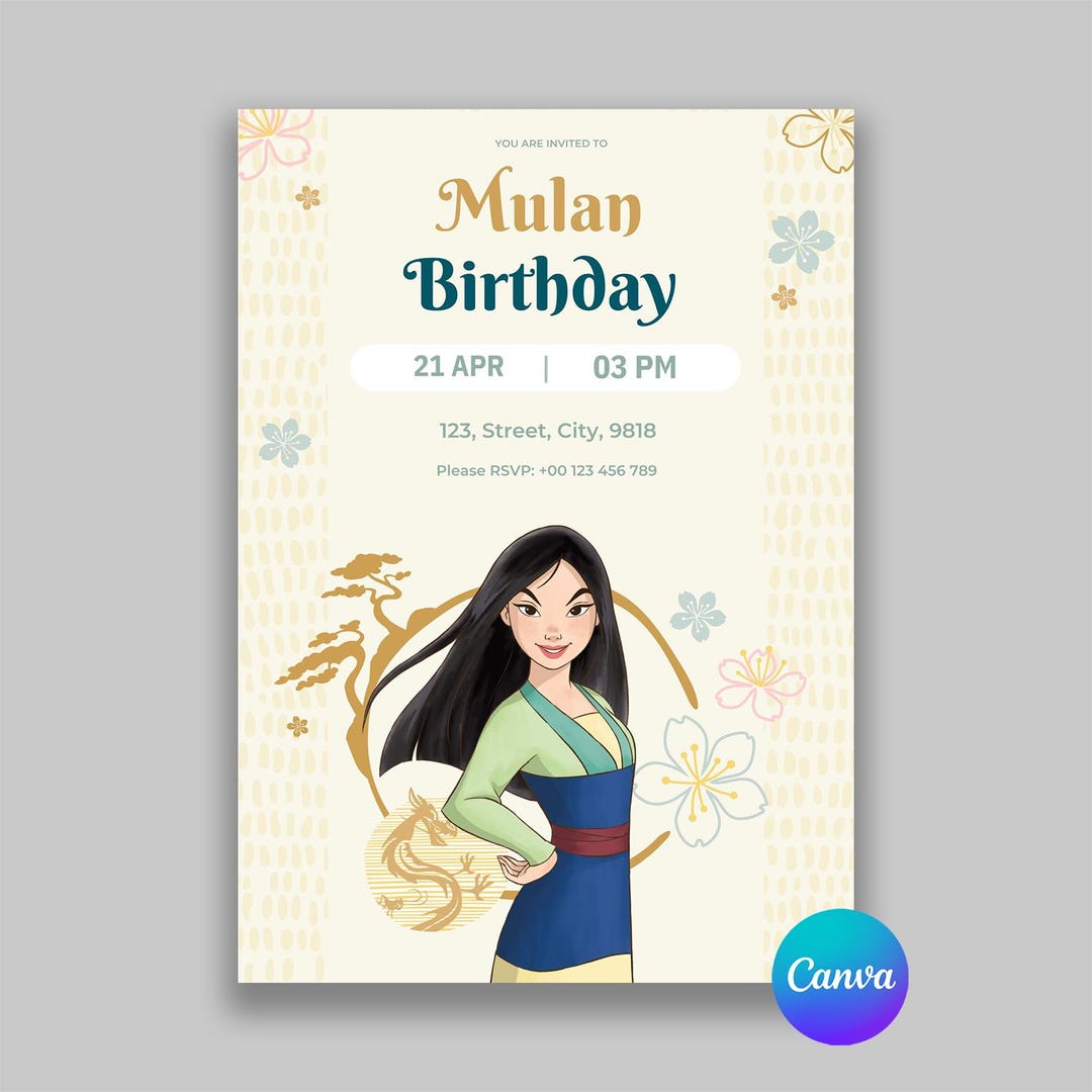 Mulan Birthday Invitation Template: Editable Digital Card (5x7 Inches ...