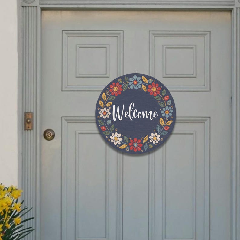 Scandinavian Floral Wreath Welcome Wood Sign | Farmhouse Cottage ...