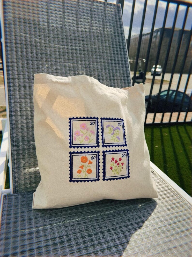 Floral Embroidered Tote Bag, Canvas Bag - Floral Stamp Design - Etsy