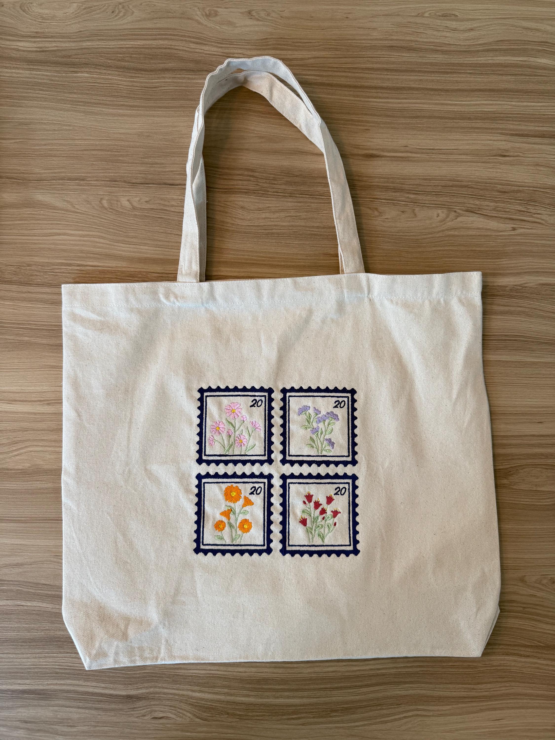 Floral Embroidered Tote Bag, Canvas Bag - Floral Stamp Design - Etsy