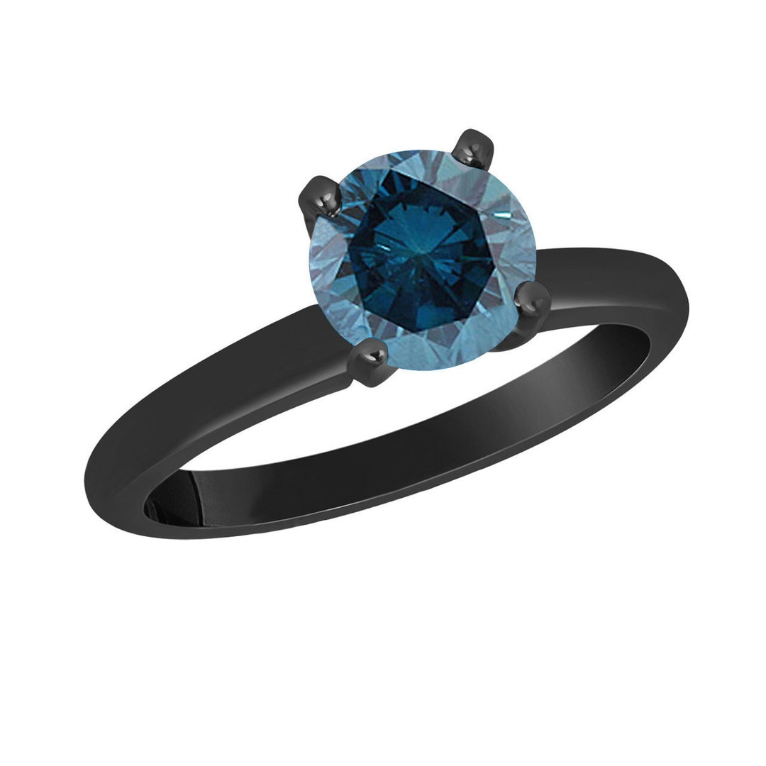 Blue Diamond Solitaire Ring: 1.00 Carat, 14K Black Gold, Vintage Style ...