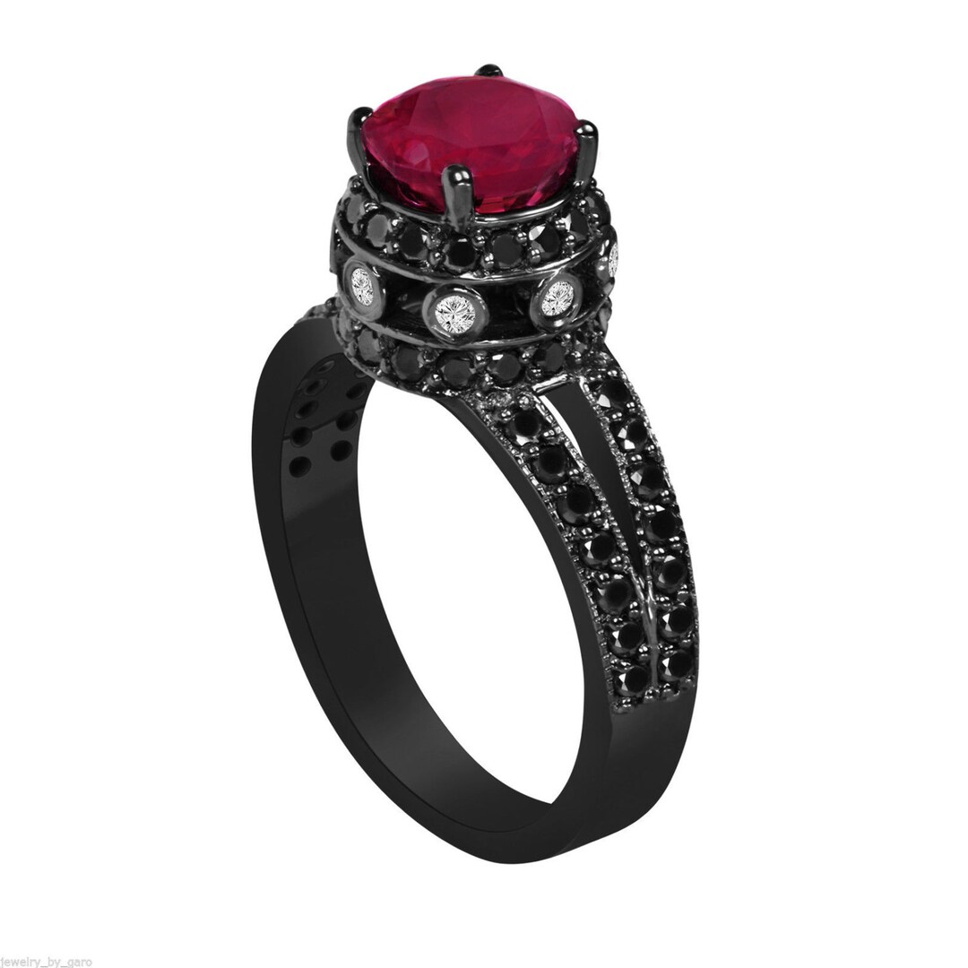 Red Ruby & Black Diamond Engagement Ring Vintage Style 14K Black Gold 1 ...