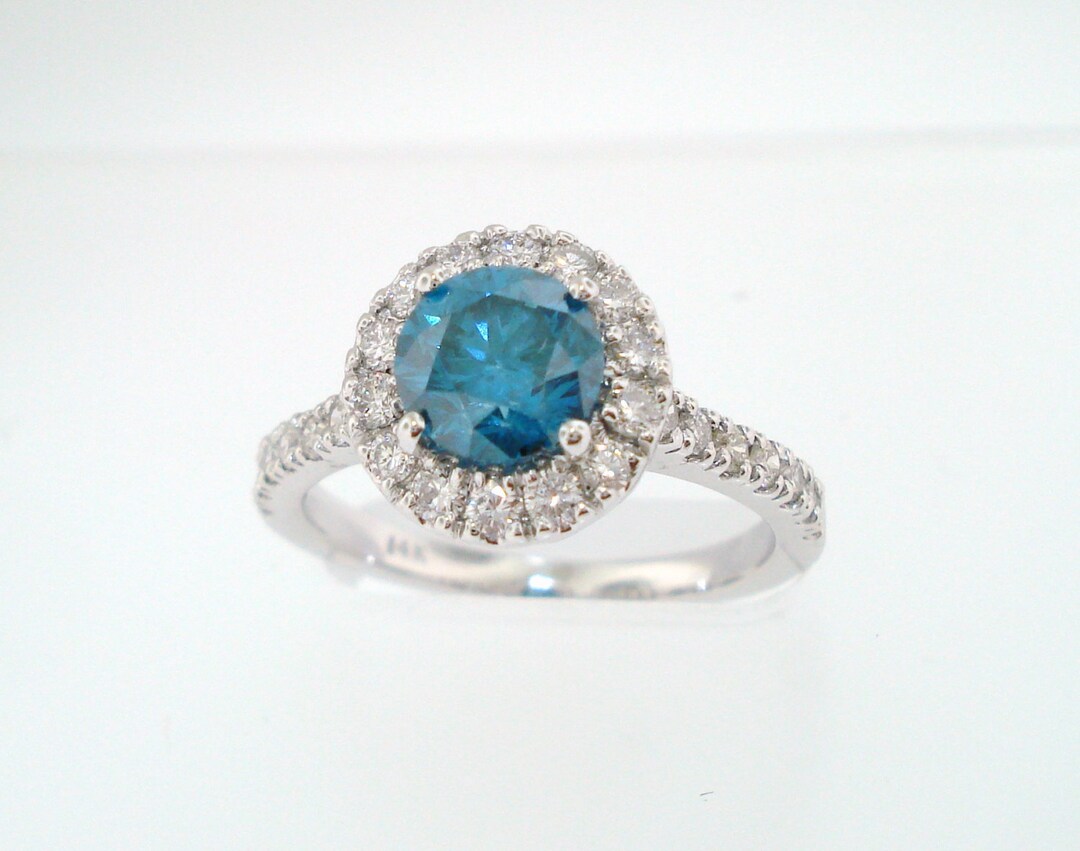 Fancy Blue Diamond Engagement Ring 14K White Gold 1.70 Carat Halo ...