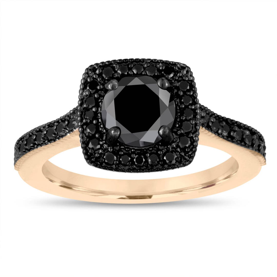 Black Diamond Engagement Ring 18K Yellow Gold, Bridal Ring Unique 1.28 ...