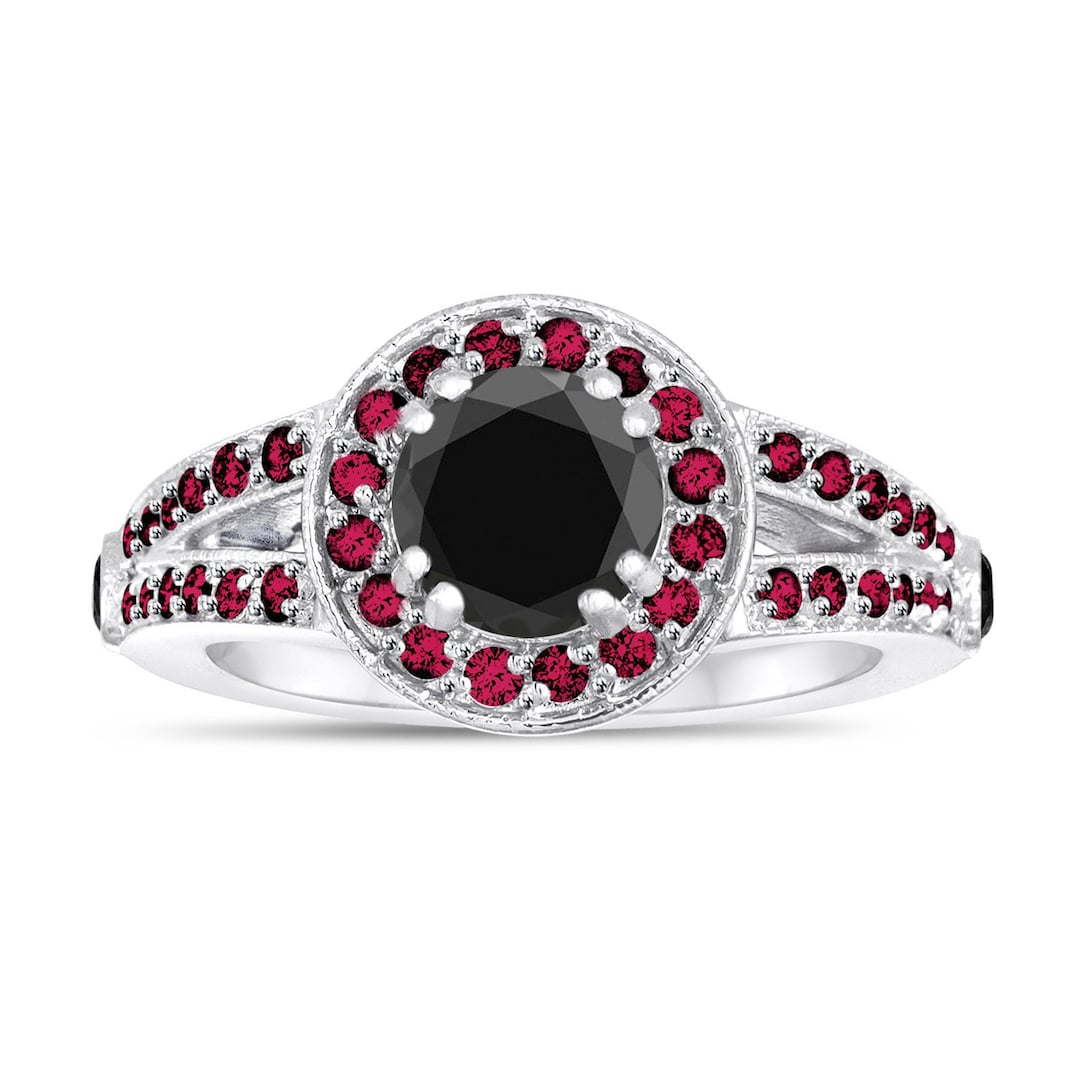 Black Diamond and Red Ruby's Engagement Ring, Bridal Ring, Ruby Wedding ...