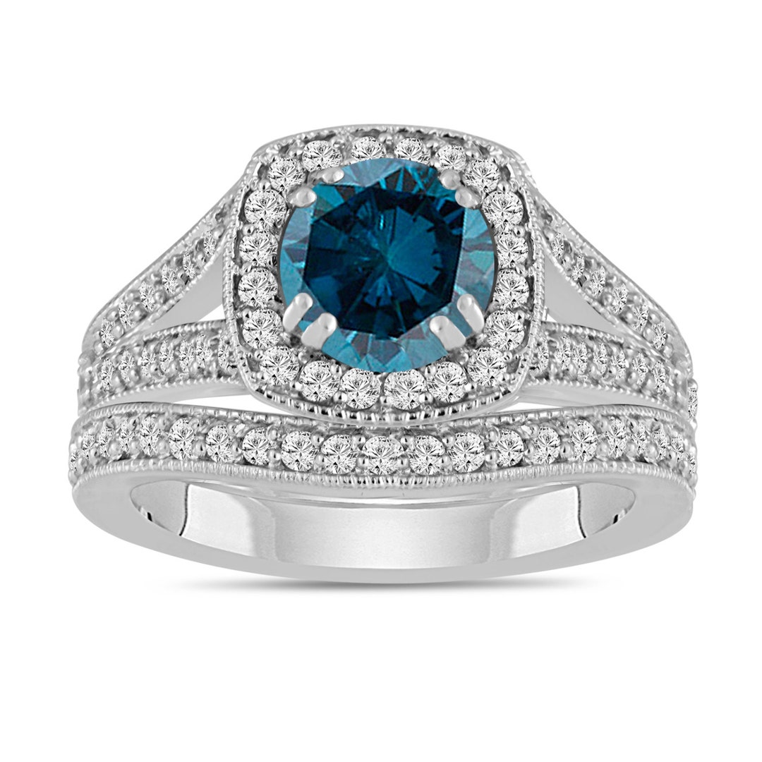 Platinum Blue Diamond Engagement Ring Set, Blue Diamond Wedding Sets ...