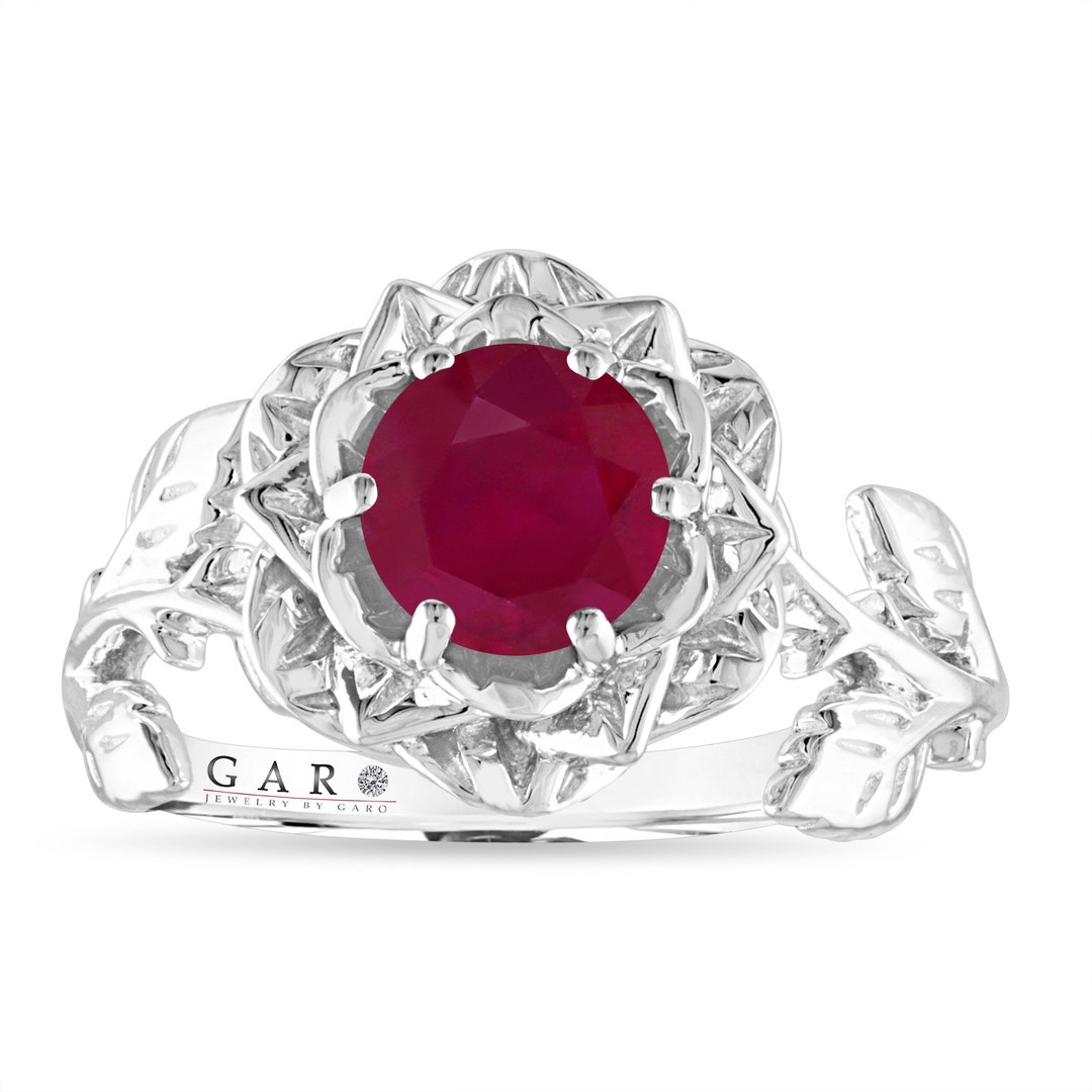 Ruby Floral Engagement Ring, Rose Flower Ruby Ring, Unique Leaf 1.20 ...