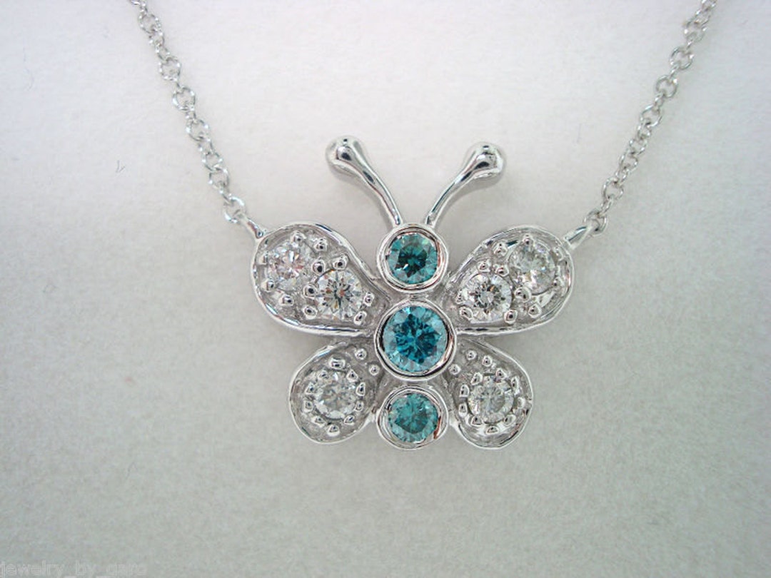 Butterfly Diamond Pendant Necklace, Unique Blue & White Diamonds 14K ...