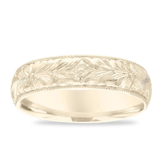 Hand Engraved Wedding Band 18K Gold Men's Wedding Ring | Etsy