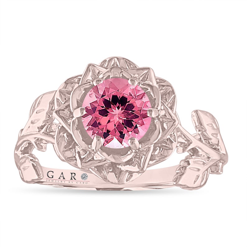 Floral Pink Tourmaline Engagement Ring: Handmade Rose Flower, 14K Gold ...
