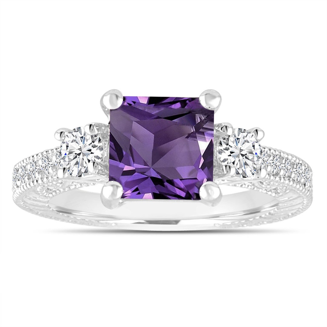 Amethyst & Diamonds Engagement Ring: Princess Cut, 14K White Gold ...