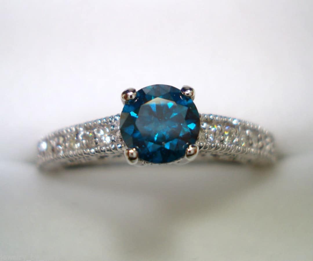 Fancy Blue Diamond Engagement Ring, Bridal Ring, 14K White Gold 0.61 ...