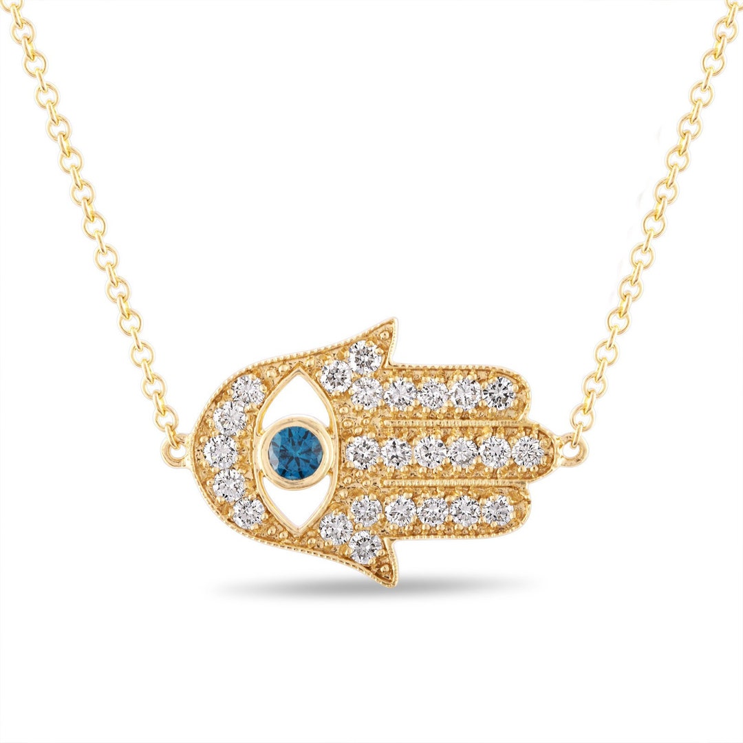 Diamond Hamsa Pendant: 18K Gold Hand of God Necklace With Blue Diamond ...