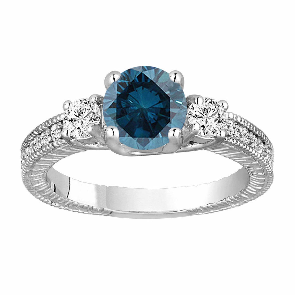 Blue Diamond Three Stone Engagement Ring Unique Bridal Ring - Etsy