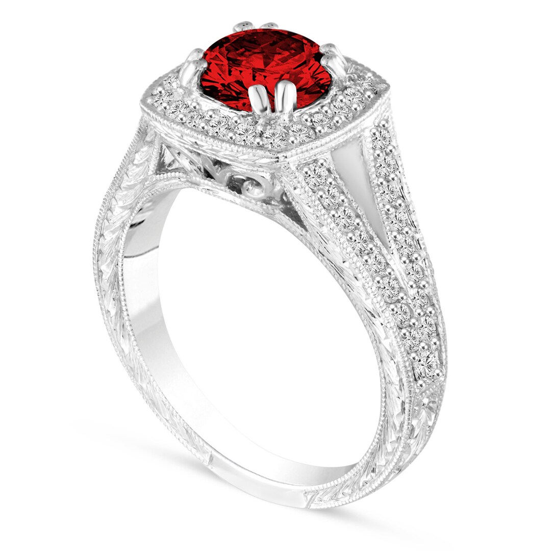 1.56 Carat Red Diamond Engagement Ring: Hand Engraved 14K White Gold - Etsy