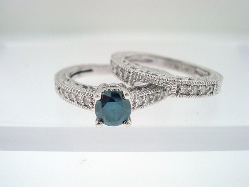 Fancy Blue Diamond Engagement Ring and Wedding Band Sets 14K | Etsy