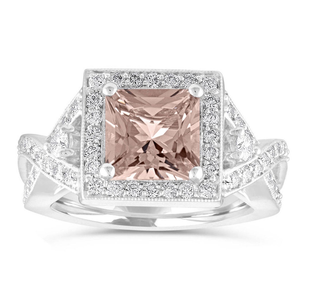 Princess Cut Morganite Engagement Ring: 14K White Gold Halo, Vintage ...