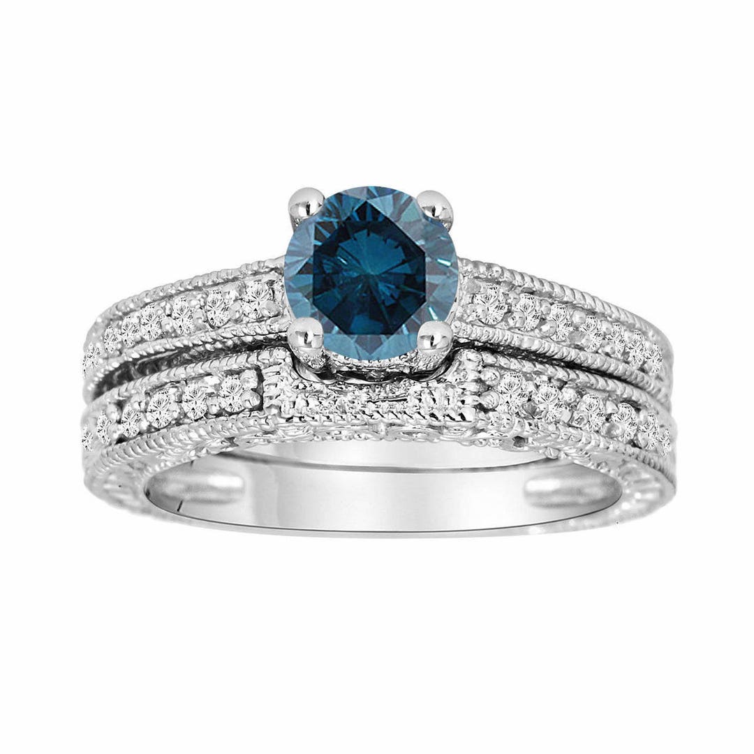 Platinum Blue Diamond Engagement Ring Set, Unique Wedding Rings Sets, 1 ...