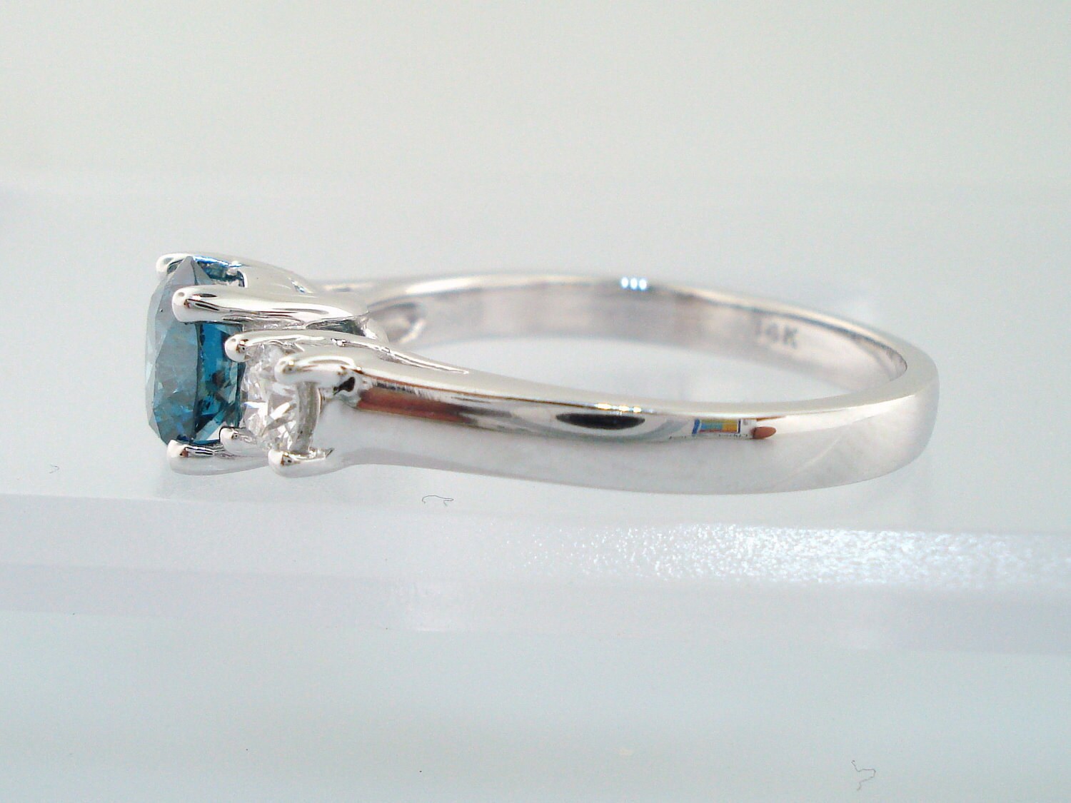 Blue Diamond Three Stone Engagement Ring 1.18 Carat Certified 14K White ...