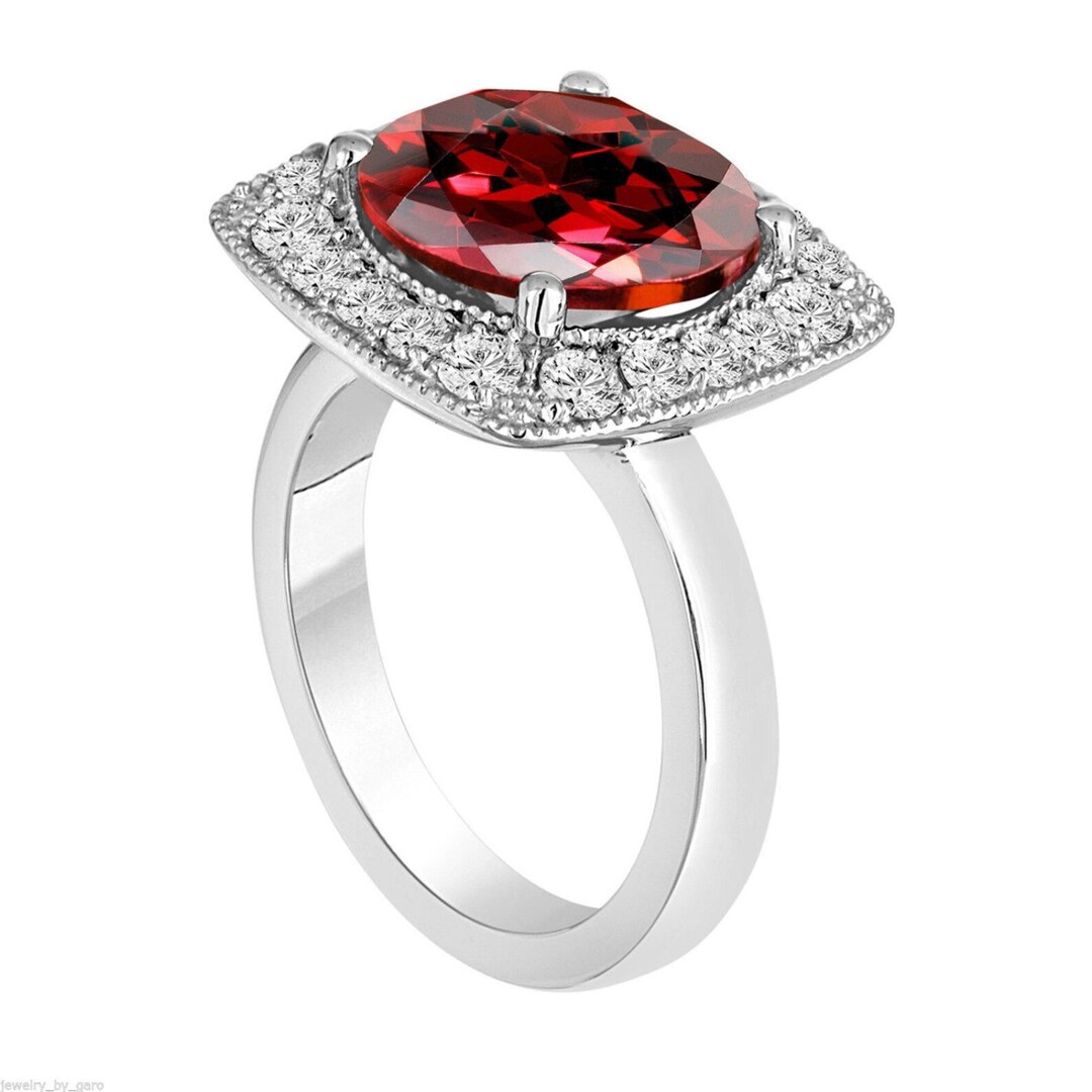 Red Garnet & Diamond Engagement Ring 6.36 Carat Vintage Style 14k White ...