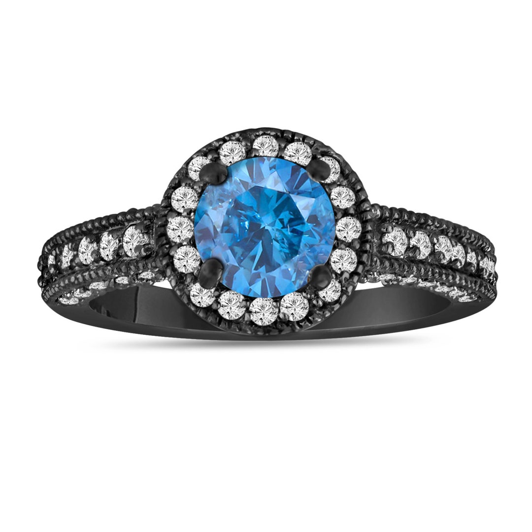 Fancy Blue Diamond Engagement Ring 1.53 Carat Vintage Style 14K Black ...