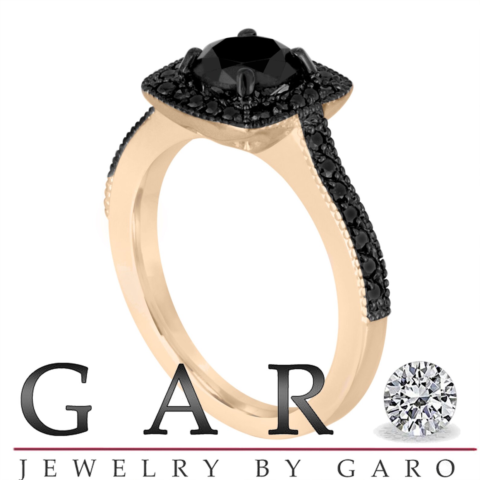 Black Diamond Engagement Ring 18K Yellow Gold Halo Engagement | Etsy