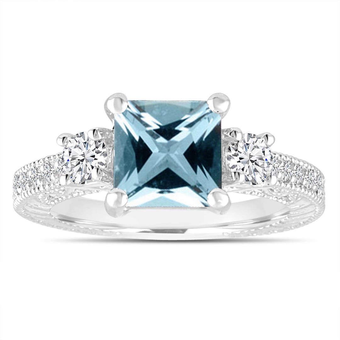 Aquamarine Princess Cut Vintage Engagement Ring, Diamond Bridal Ring, 1 ...