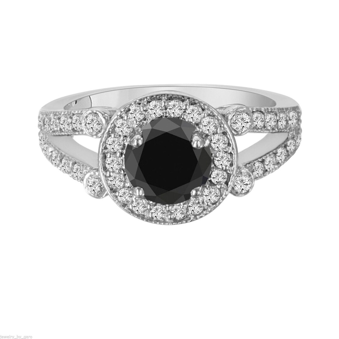 Natural Black Diamond Cocktail Ring 1.58 Carat 18k White Gold Handmade ...