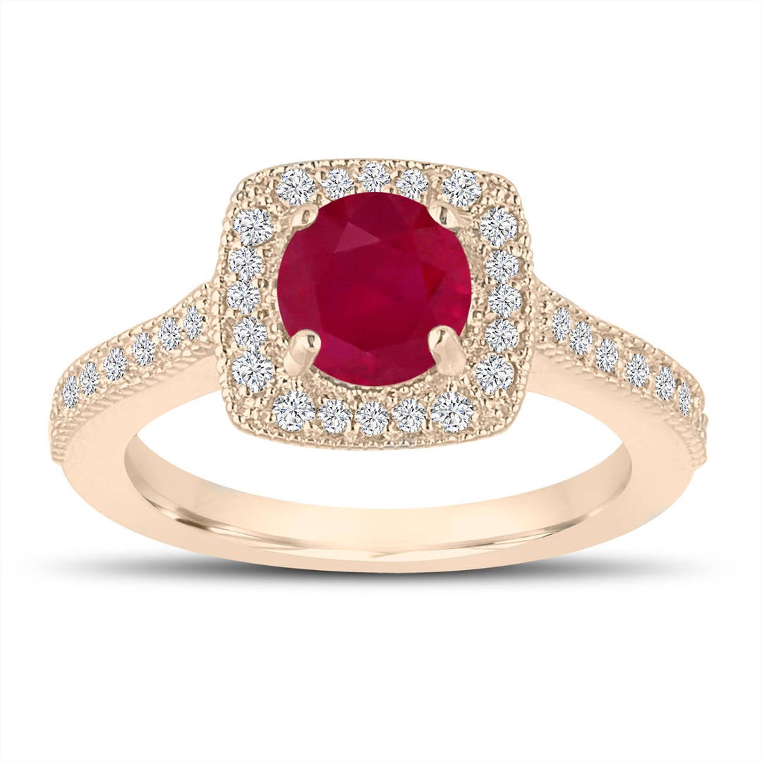 Ruby Diamond Halo Engagement Ring, 14K Yellow Gold Pave, Handmade - Etsy