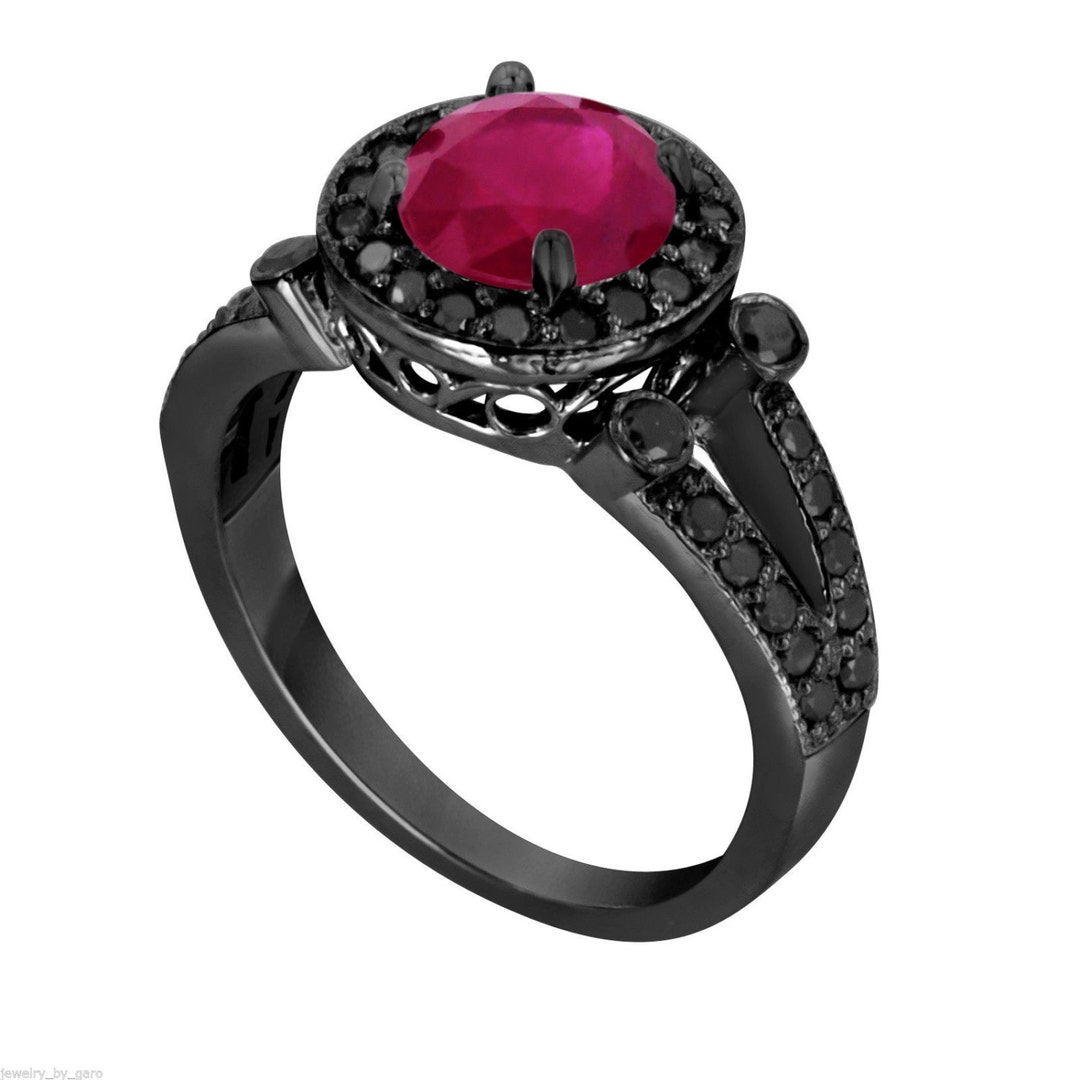 Ruby & Black Diamond Engagement Ring, Wedding Ring 1.56 Carat Vintage ...