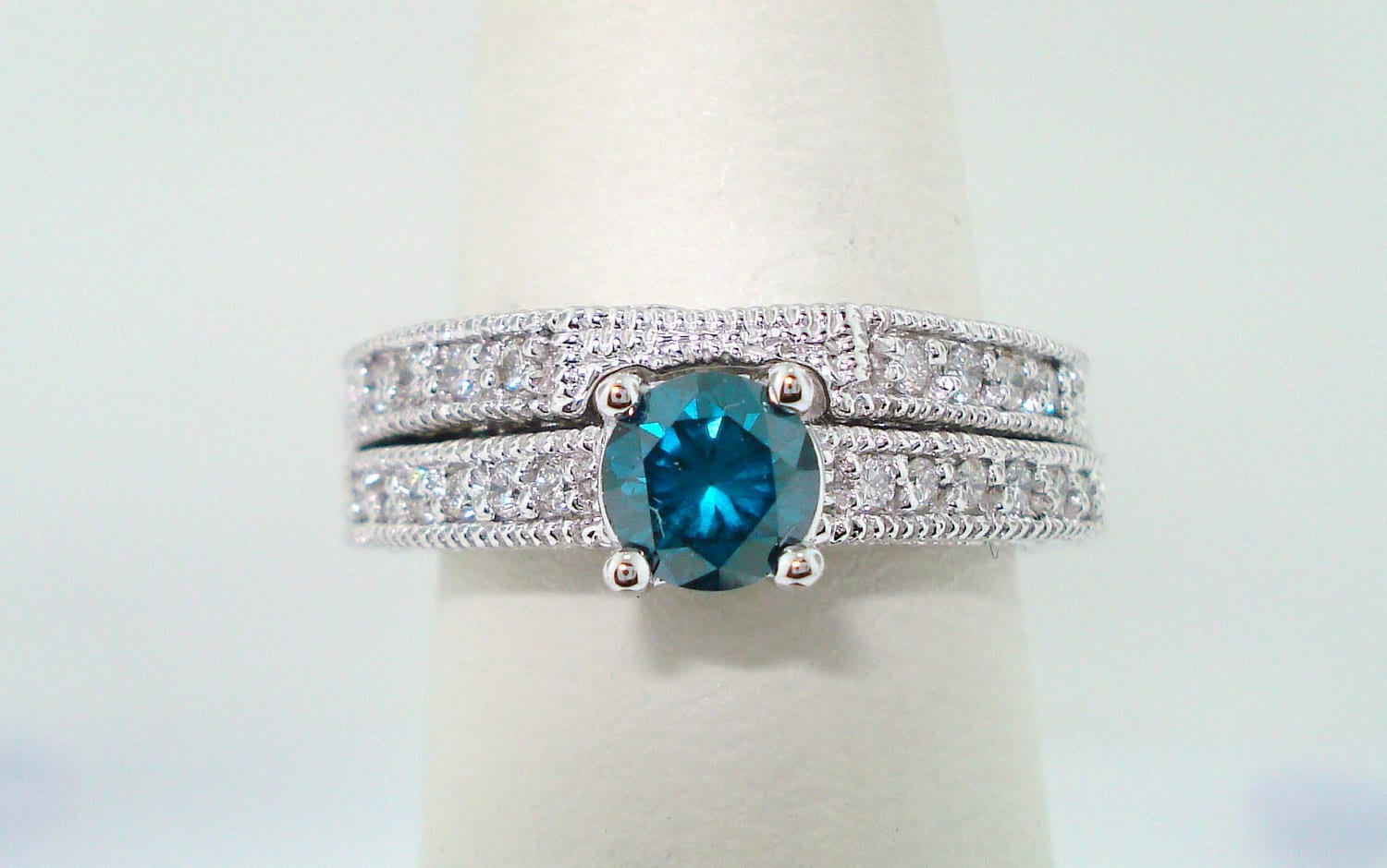 Fancy Blue Diamond Engagement Ring and Wedding Band Sets 14K | Etsy