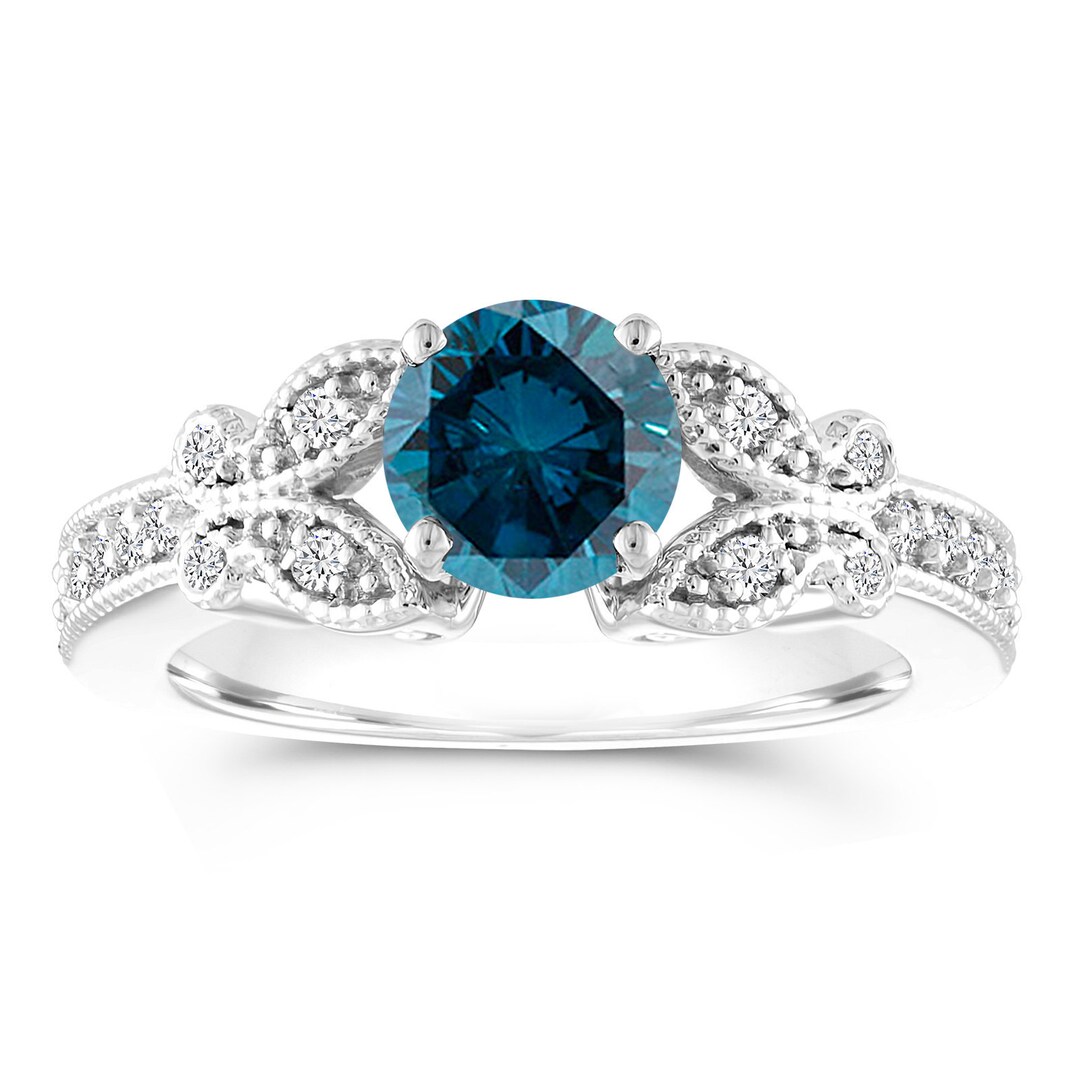Blue Diamond Butterfly Engagement Ring: 14K White Gold, Handmade - Etsy