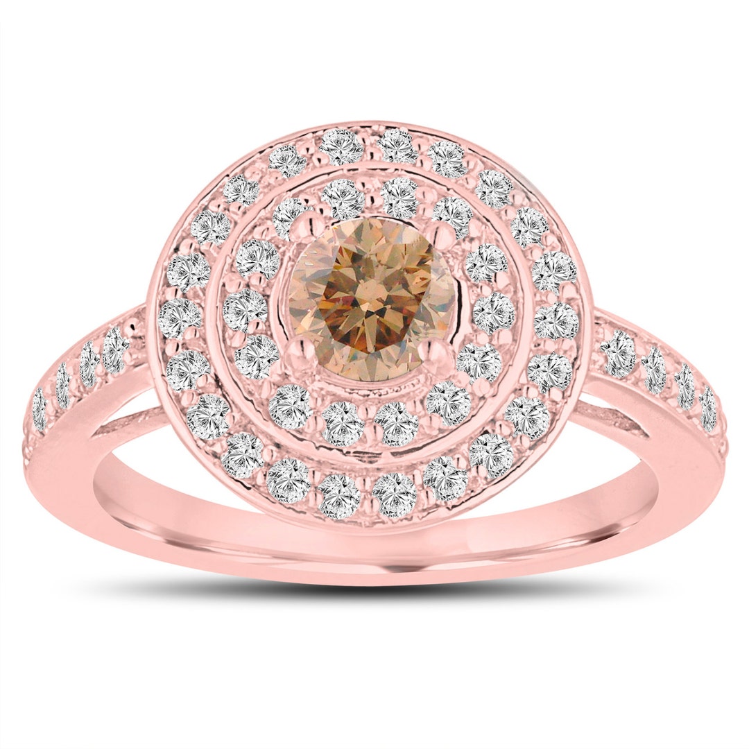 Fancy Champagne Diamond Engagement Ring 14K Rose Gold Double Halo ...