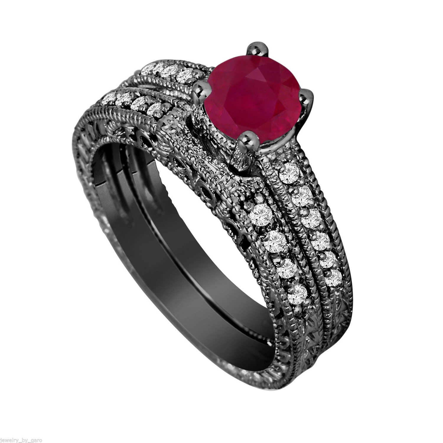 0.87 Carat Ruby Engagement Ring Set Ruby Wedding Sets | Etsy