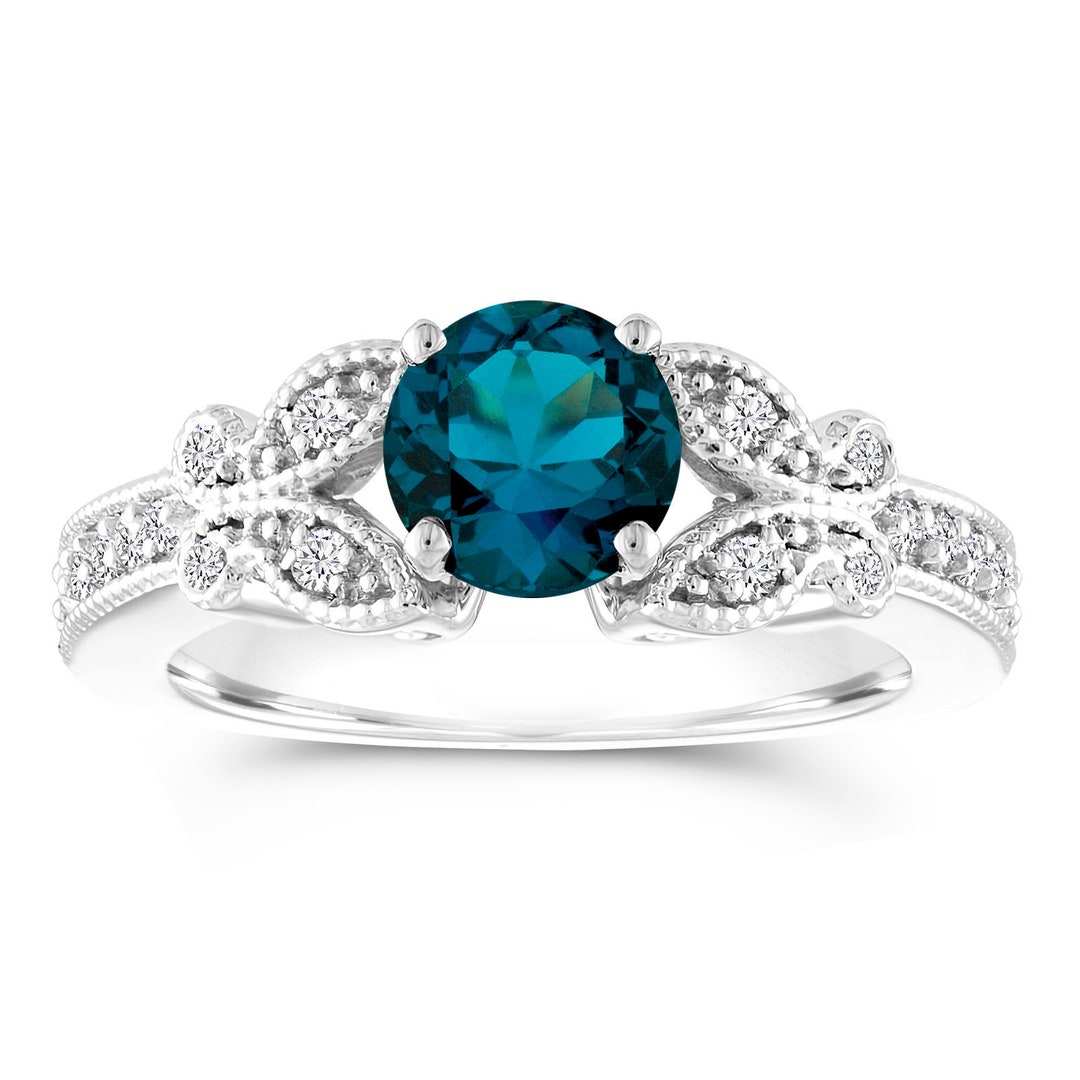 London Blue Topaz Butterfly Engagement Ring, Diamonds Wedding Ring, 1. ...
