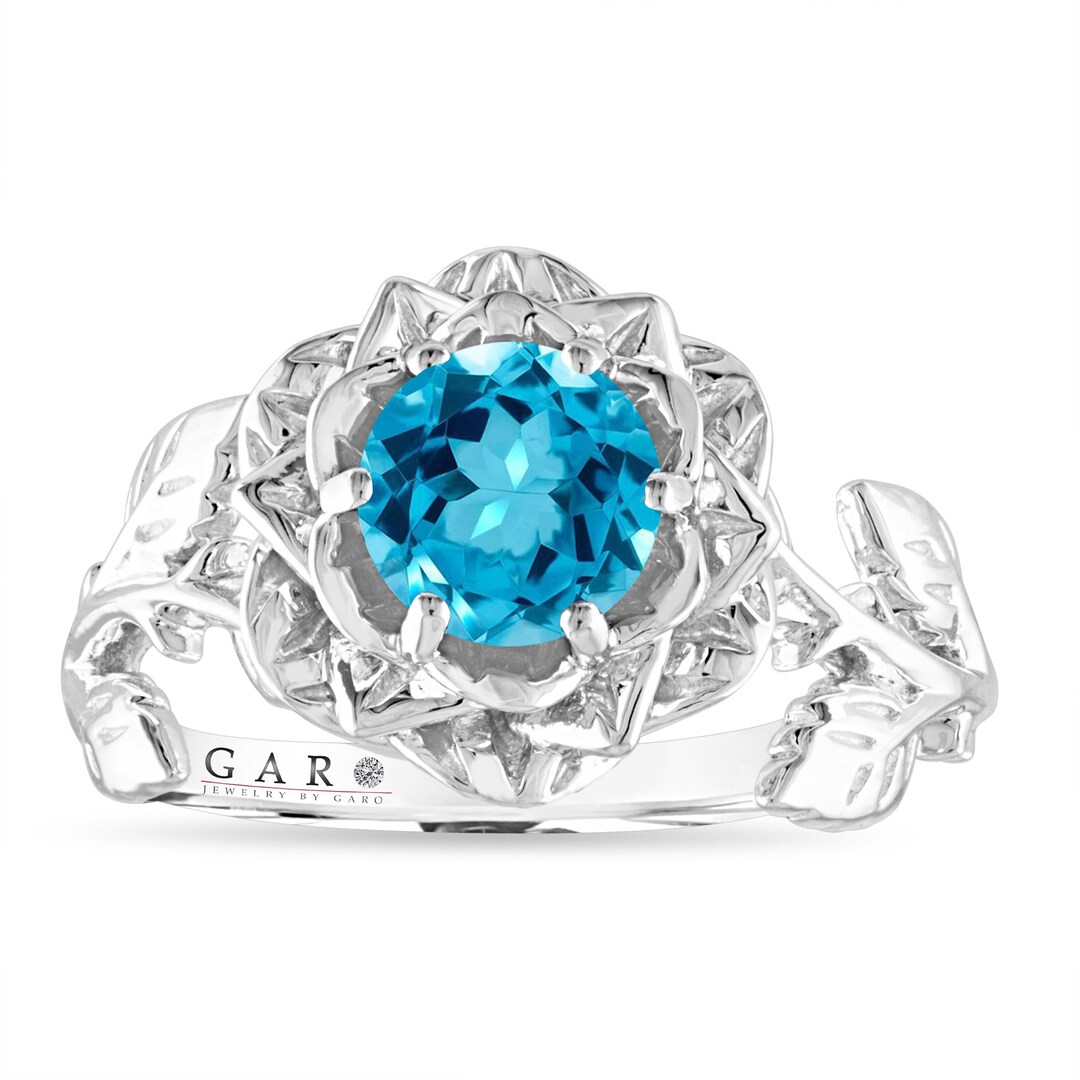 Blue Topaz Rose Flower Ring: 1.08 Carat, 14K White Gold, Vintage Style ...