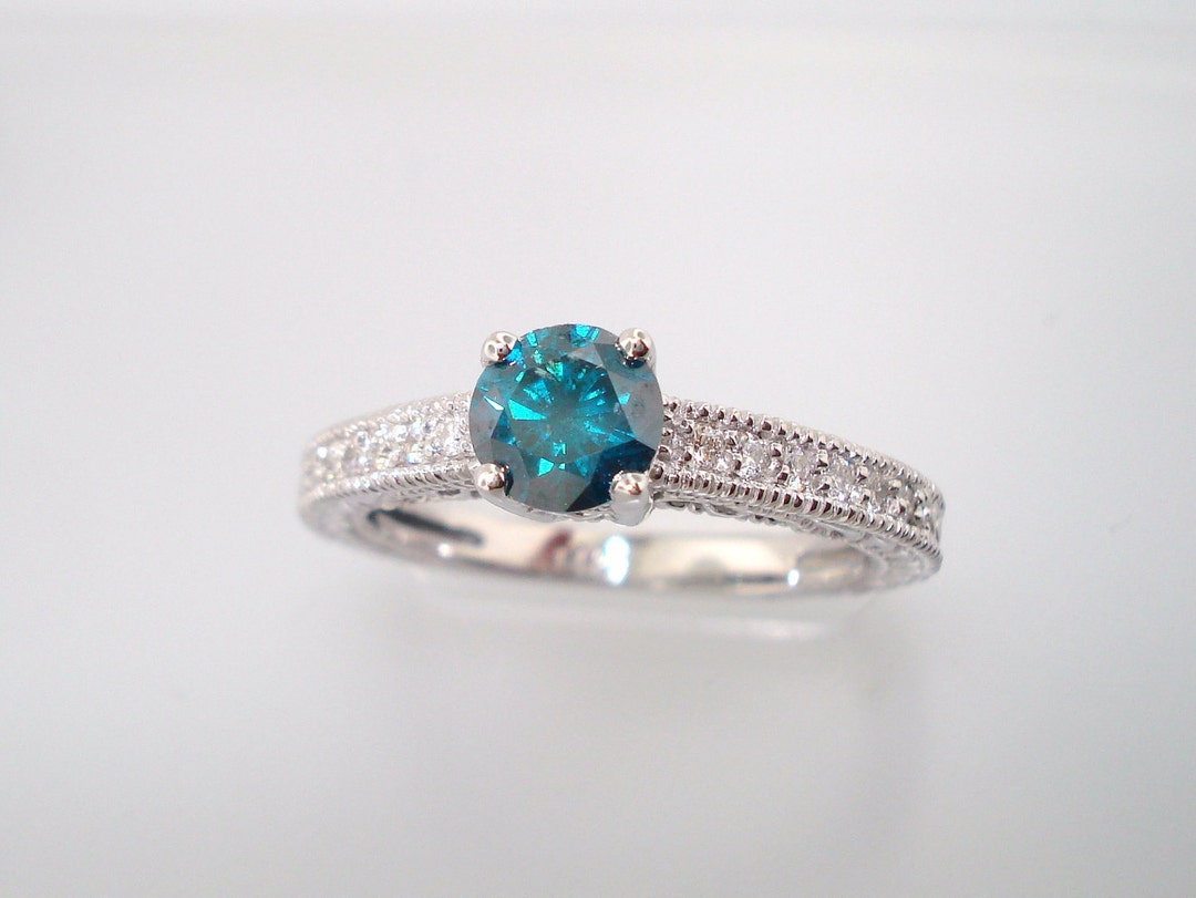 Blue & White Diamond Engagement Ring 14K White Gold 0.64 Carat Vintage ...