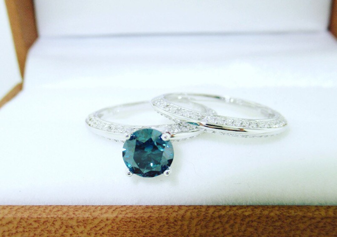 1.55 Carat Blue Diamond Engagement Ring Set, Blue Diamond Wedding Rings ...