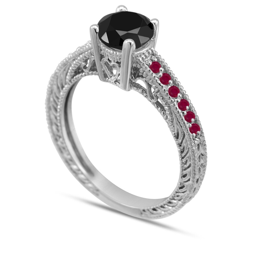 Black Diamond and Ruby Engagement Ring 14K White Gold or Black Gold 0. ...
