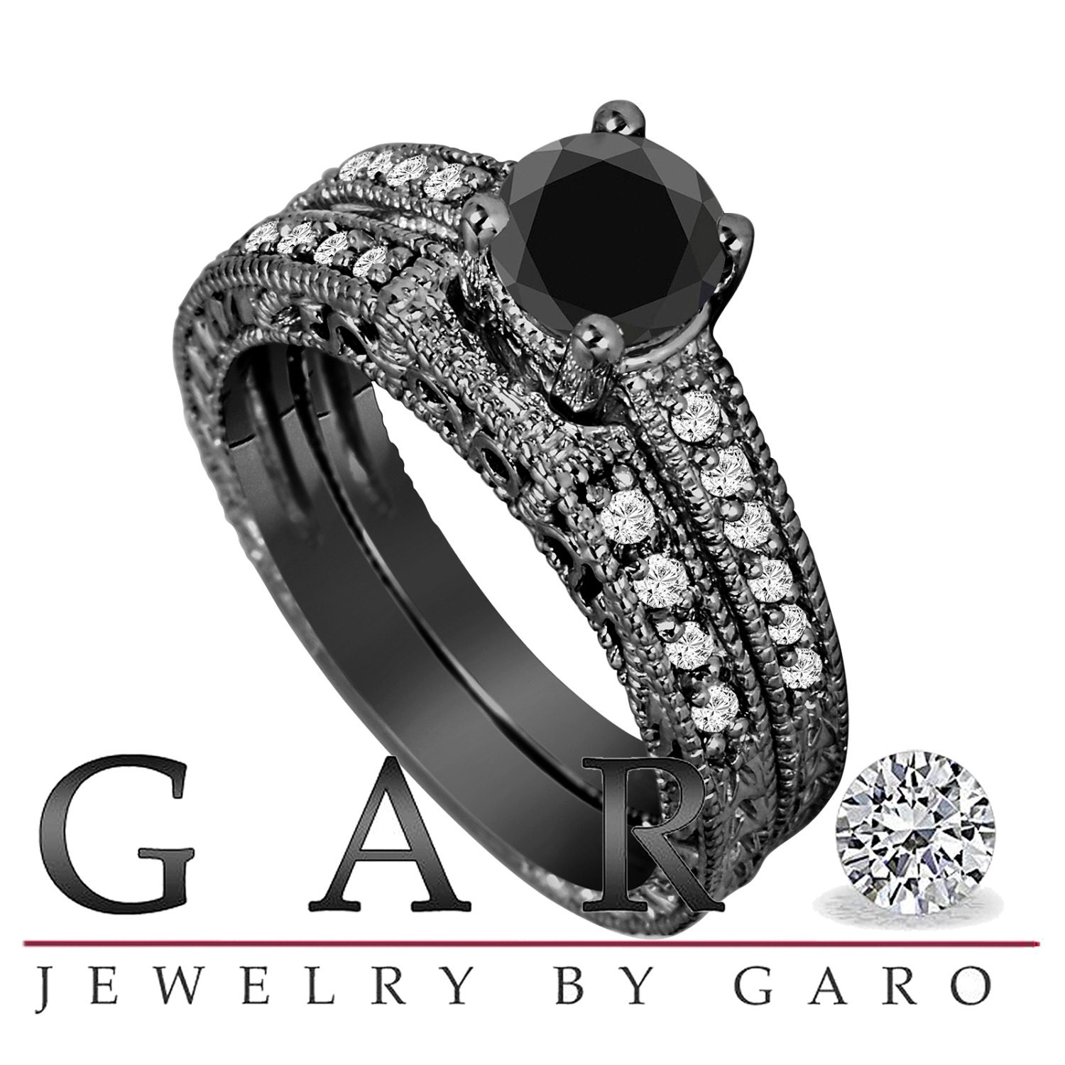 Black Diamond Engagement Ring Set Vintage Wedding Rings Sets - Etsy
