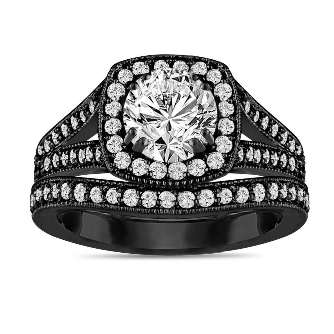 Vintage Halo Diamond Bridal Ring Set: 1.80 Carat, 14K Black Gold - Etsy