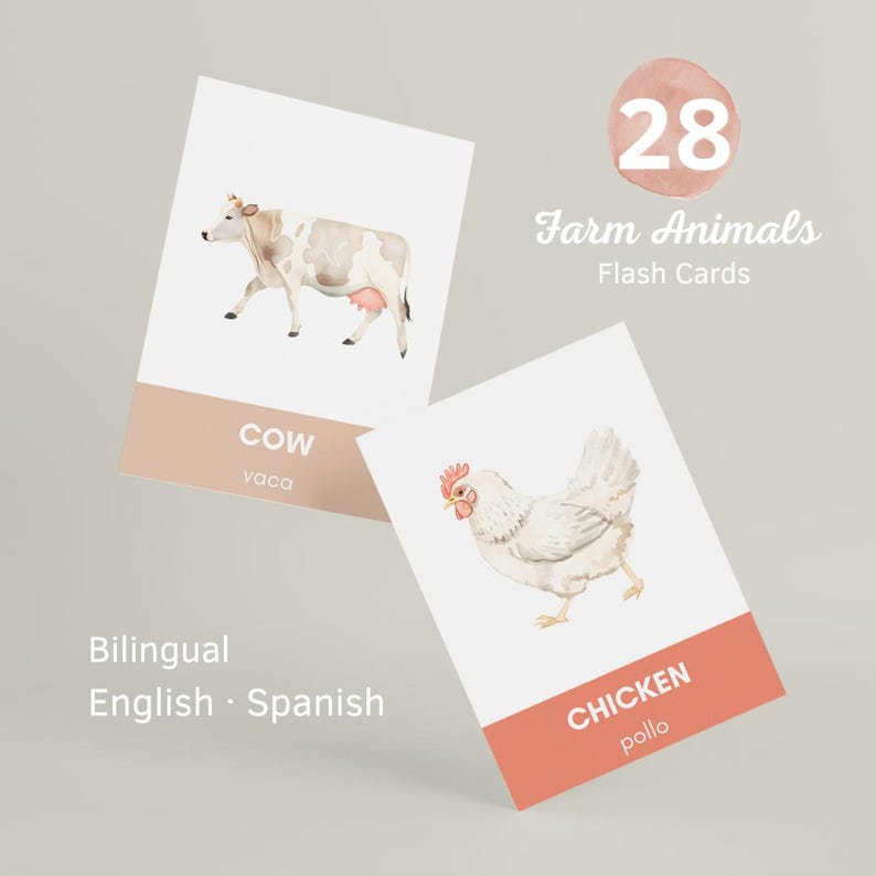 Printable Farm Animals Flash Cards Set of 28 | Bilingual English ...