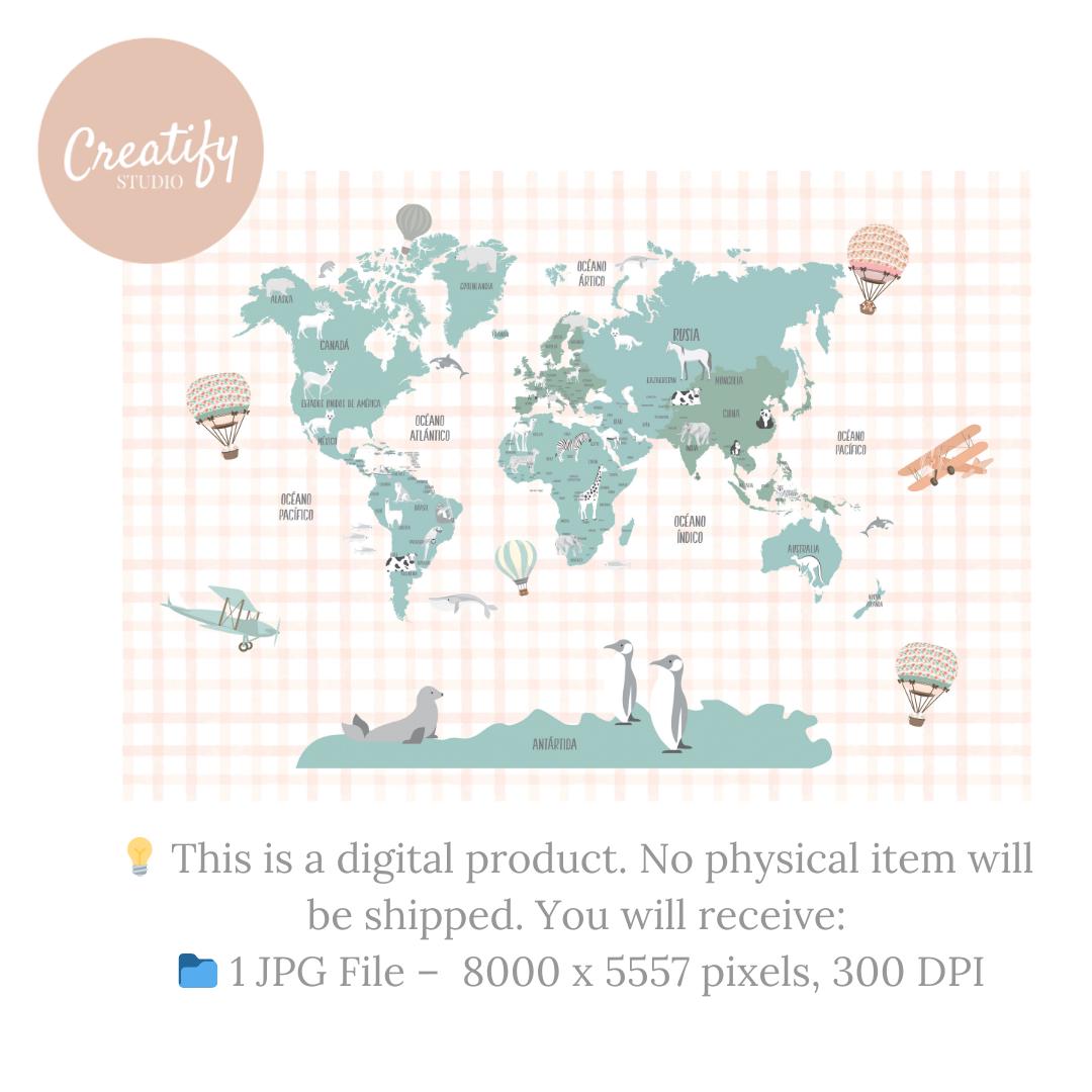 Kids World Map Printable | Digital Download for Nursery, Playroom ...