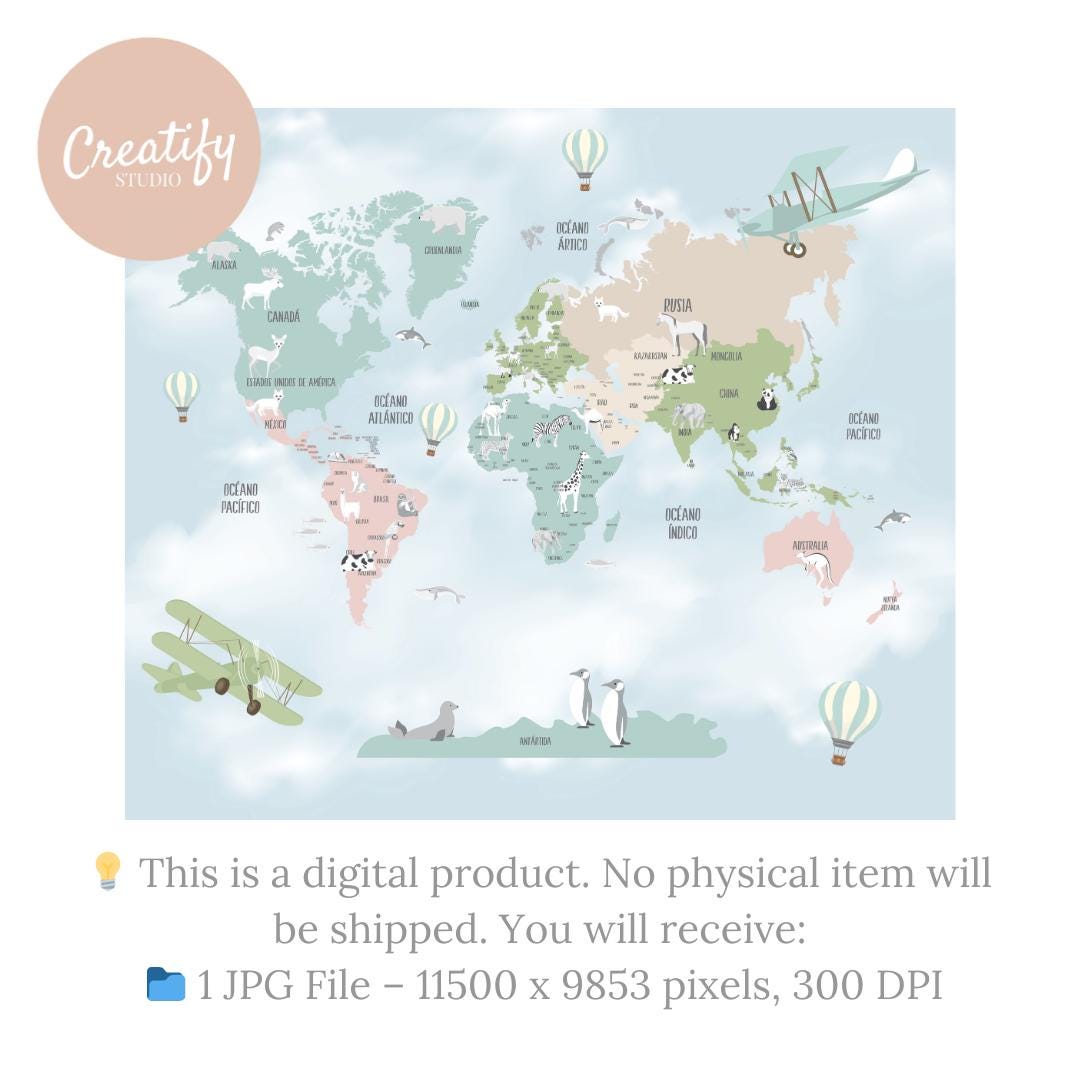 Kids World Map Printable | Digital Download for Nursery, Playroom ...