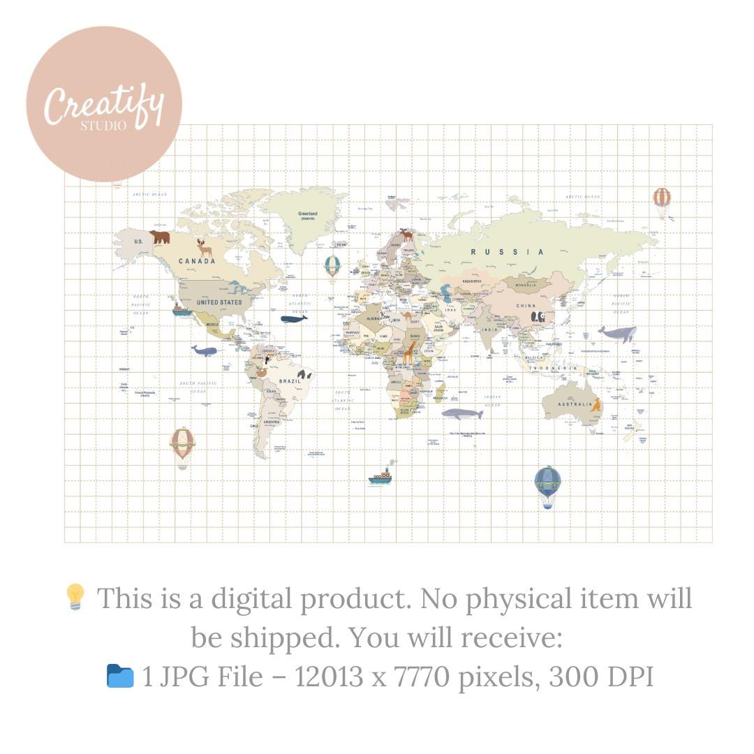 Kids World Map Printable | Digital Download for Nursery, Playroom ...