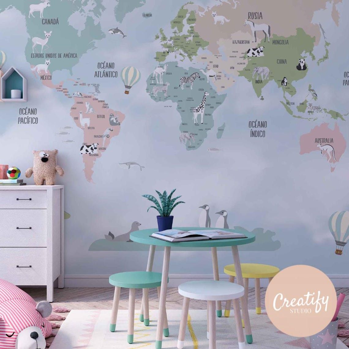 Kids World Map Printable | Digital Download for Nursery, Playroom ...