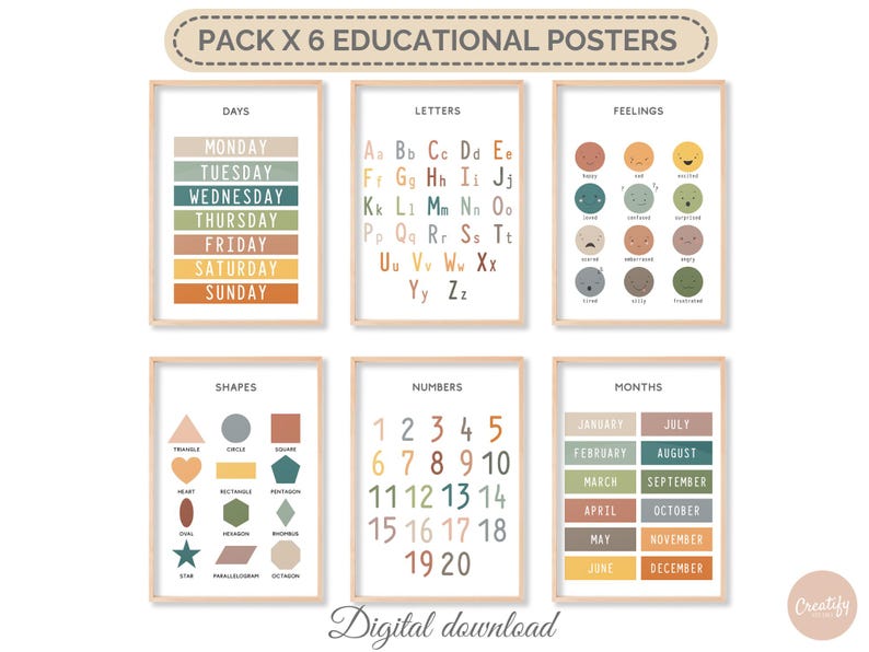 Printable Educational Posters Pack – Days, Months, Numbers, Letters ...