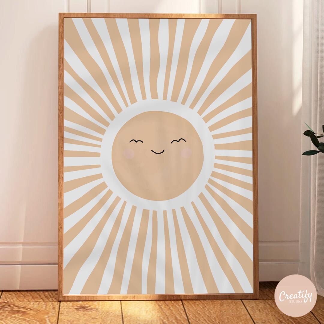 Boho Sun Printable Wall Art - Smiling Sun Poster for Nursery, Classroom ...